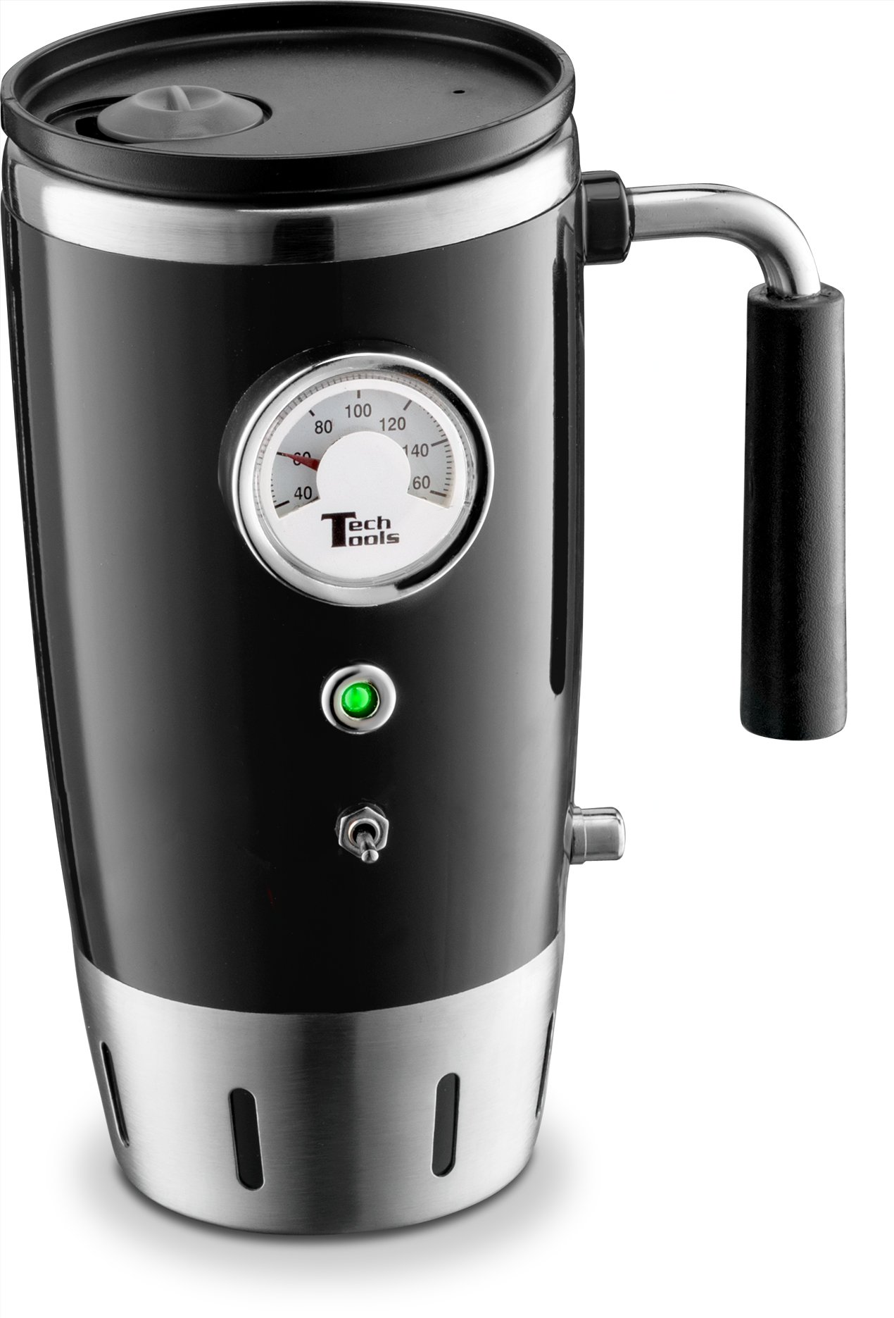 Tech Tools Heated Car Travel Mug - Keeps Your Bevrege Hot - Retro Style - Stainless Steel 12 Volts (Black)