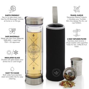 Teabloom All-Beverage Infusion Bottle – 14 oz / 400 ml – Double Wall Insulated Glass Travel Flask – Hot Tea & Cold Brew Coffee Thermos – Removable Sleeve