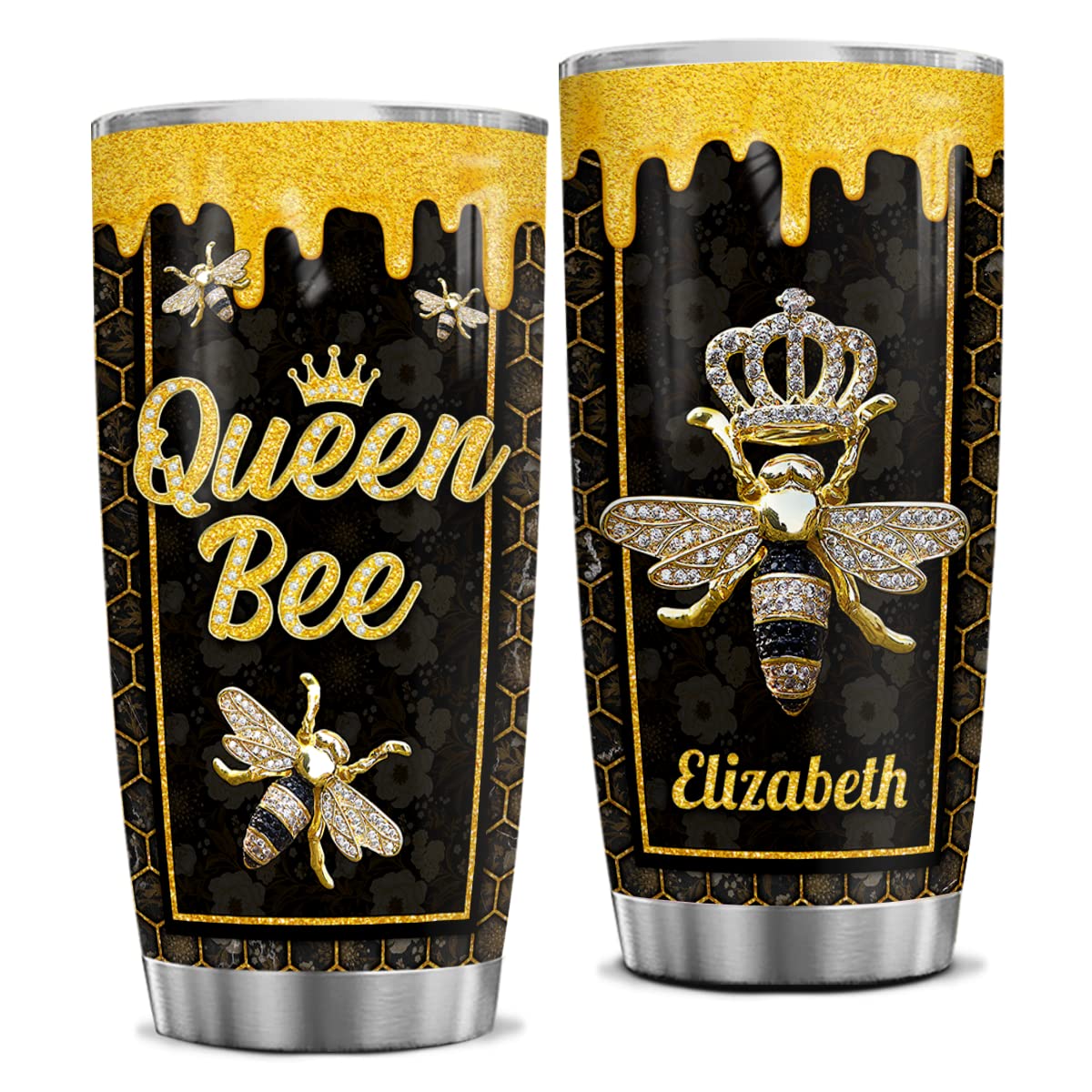 Wassmin Personalized Queen Bee Tumbler Cup With Lid 20oz 30oz Custom Name Bees Stainless Steel Double Wall Vacuum Insulated Tumblers Coffee Travel Mug Birthday Christmas Customized Gifts