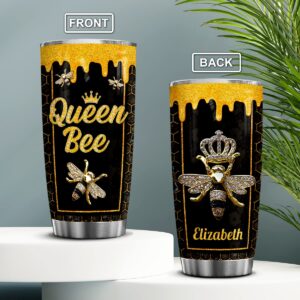 Wassmin Personalized Queen Bee Tumbler Cup With Lid 20oz 30oz Custom Name Bees Stainless Steel Double Wall Vacuum Insulated Tumblers Coffee Travel Mug Birthday Christmas Customized Gifts