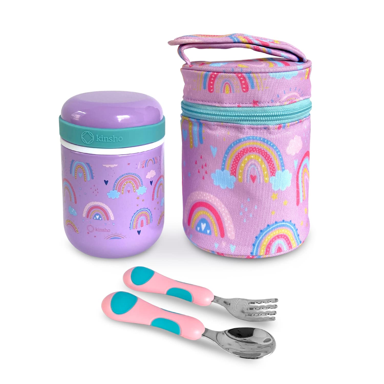 Kids Thermos for Hot Food and Soup, Insulated Lunch Bag and Stainless Steel Utensil Set. Container for Girls Boys Hot Lunches, Wide Mouth, Leakproof Easy Grip, Thermal Vacuum Seal 10 oz Purple Rainbow