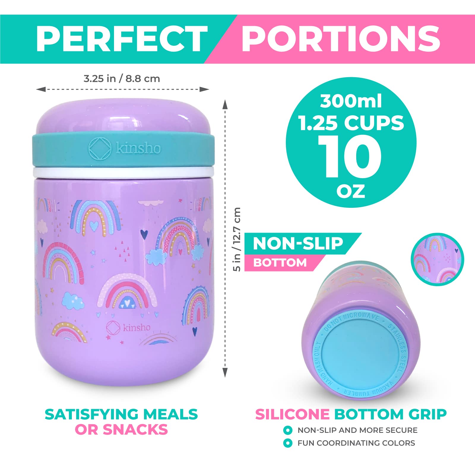 Kids Thermos for Hot Food and Soup, Insulated Lunch Bag and Stainless Steel Utensil Set. Container for Girls Boys Hot Lunches, Wide Mouth, Leakproof Easy Grip, Thermal Vacuum Seal 10 oz Purple Rainbow