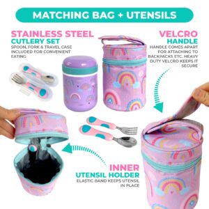 Kids Thermos for Hot Food and Soup, Insulated Lunch Bag and Stainless Steel Utensil Set. Container for Girls Boys Hot Lunches, Wide Mouth, Leakproof Easy Grip, Thermal Vacuum Seal 10 oz Purple Rainbow