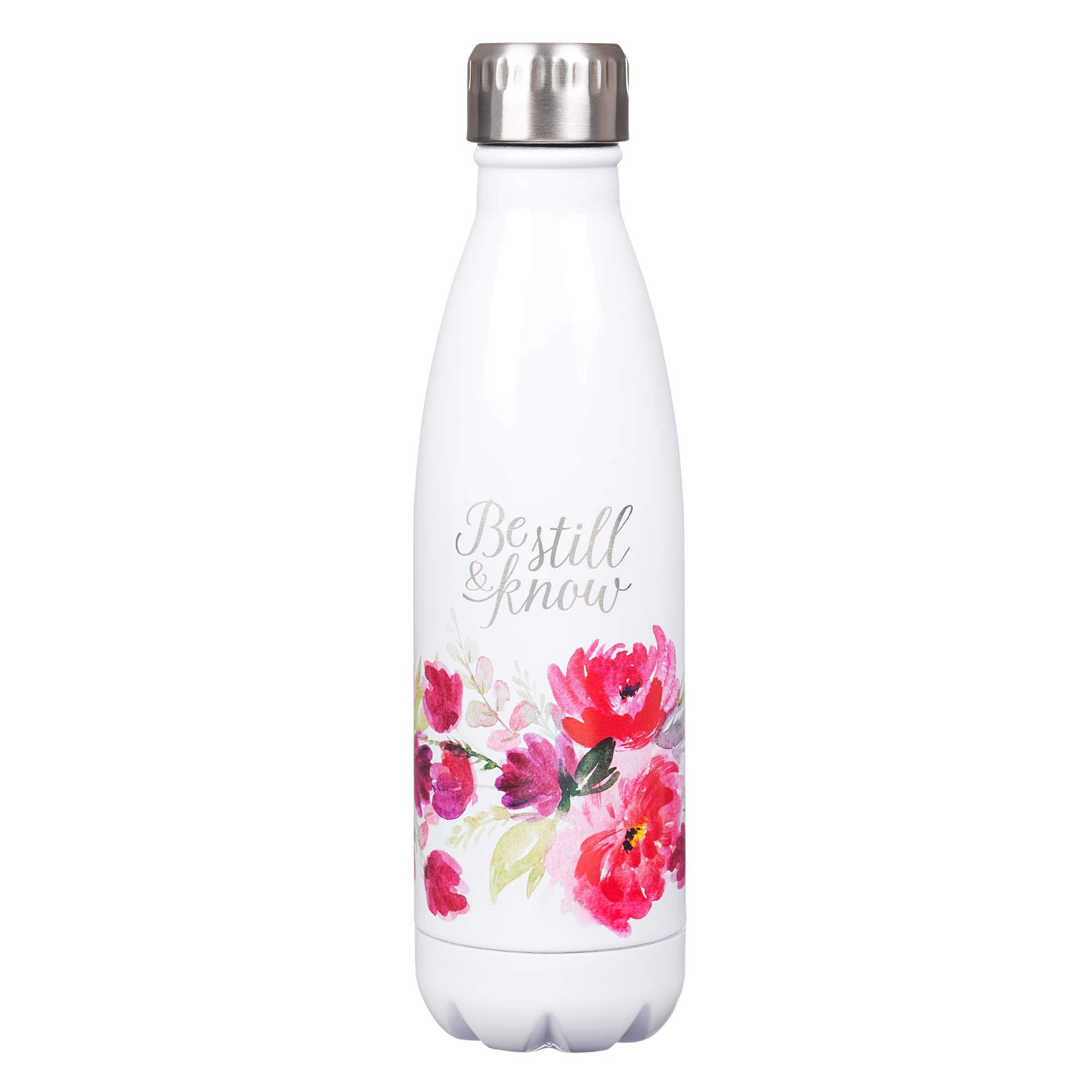 Christian Art Gifts Stainless Steel Double Wall Vacuum Insulated Laser Engraved Water Bottle: Be Still & Know - Ps. 46:10 Inspirational Bible Verse for Hot & Cold Beverages, White/Pink Floral, 17 oz.