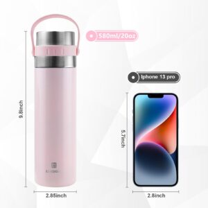 Vacuum insulated Bottle with cup 580ml/20oz Stainless Steel Thermo Bottles for Hot and Cold drink coffee water thermo flask with cup.(580ml,Pink)