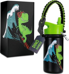 dinosaur water bottle, 14 oz, leak proof, 36 hours cold, dishwasher safe lid, removable handle, wide mouth double wall vacuum insulated stainless steel water bottle for school, straw, bottle for boys