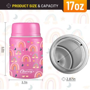 Charcy 17oz Kids Thermo for Hot Food - Soup Thermo with Folding Spoon - Insulated Food Jar for Hot & Cold Food - Pink Rainbow