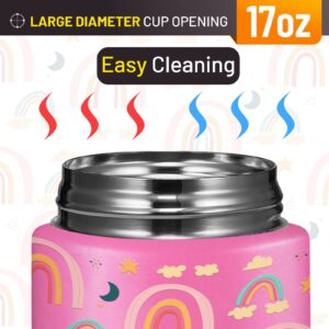 Charcy 17oz Kids Thermo for Hot Food - Soup Thermo with Folding Spoon - Insulated Food Jar for Hot & Cold Food - Pink Rainbow