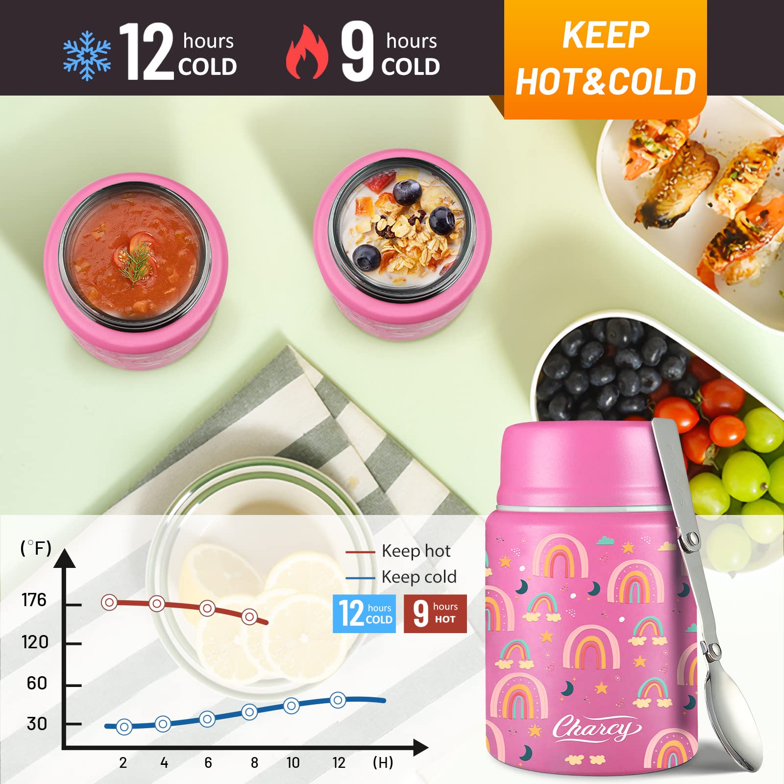 Charcy 17oz Kids Thermo for Hot Food - Soup Thermo with Folding Spoon - Insulated Food Jar for Hot & Cold Food - Pink Rainbow