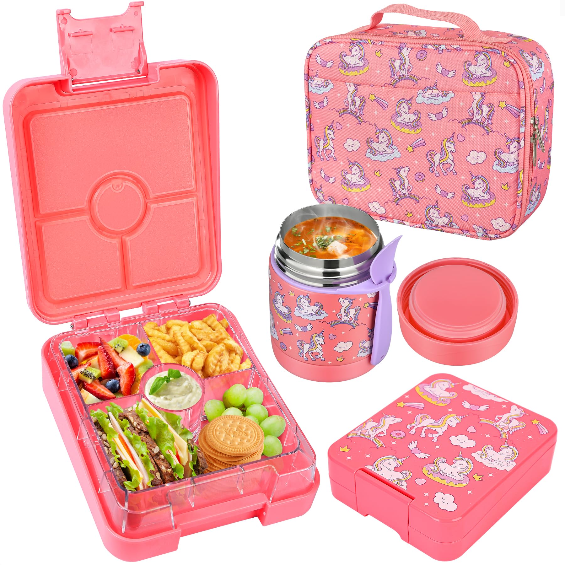 Pawtong Bento Lunch Box Set With 10oz Soup Thermo, Leak-proof Lunch Containers with 4 Compartment, Kids Hot Thermo Food Jar/Insulation Lunch Bag, Food Containers for School