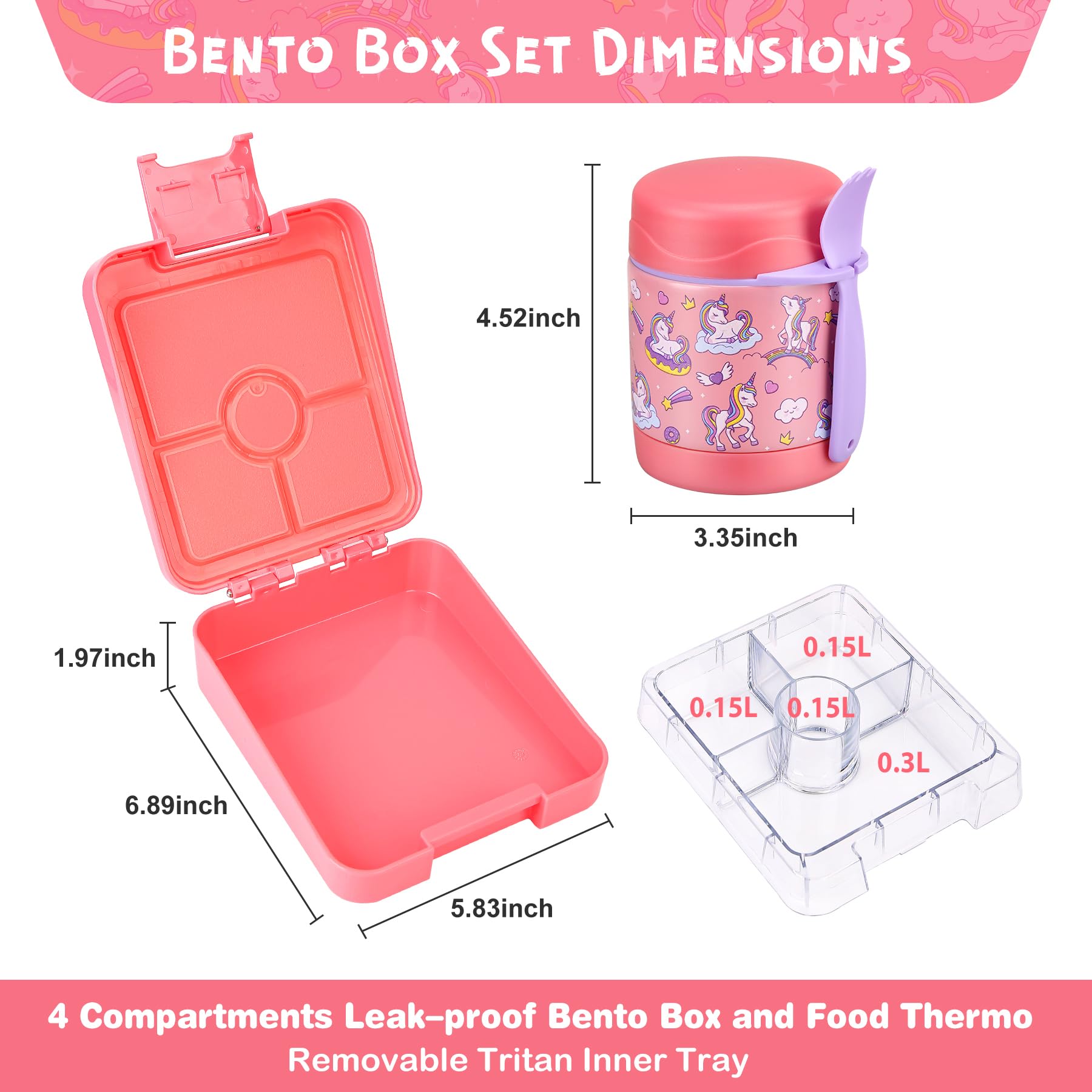 Pawtong Bento Lunch Box Set With 10oz Soup Thermo, Leak-proof Lunch Containers with 4 Compartment, Kids Hot Thermo Food Jar/Insulation Lunch Bag, Food Containers for School