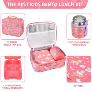 Pawtong Bento Lunch Box Set With 10oz Soup Thermo, Leak-proof Lunch Containers with 4 Compartment, Kids Hot Thermo Food Jar/Insulation Lunch Bag, Food Containers for School