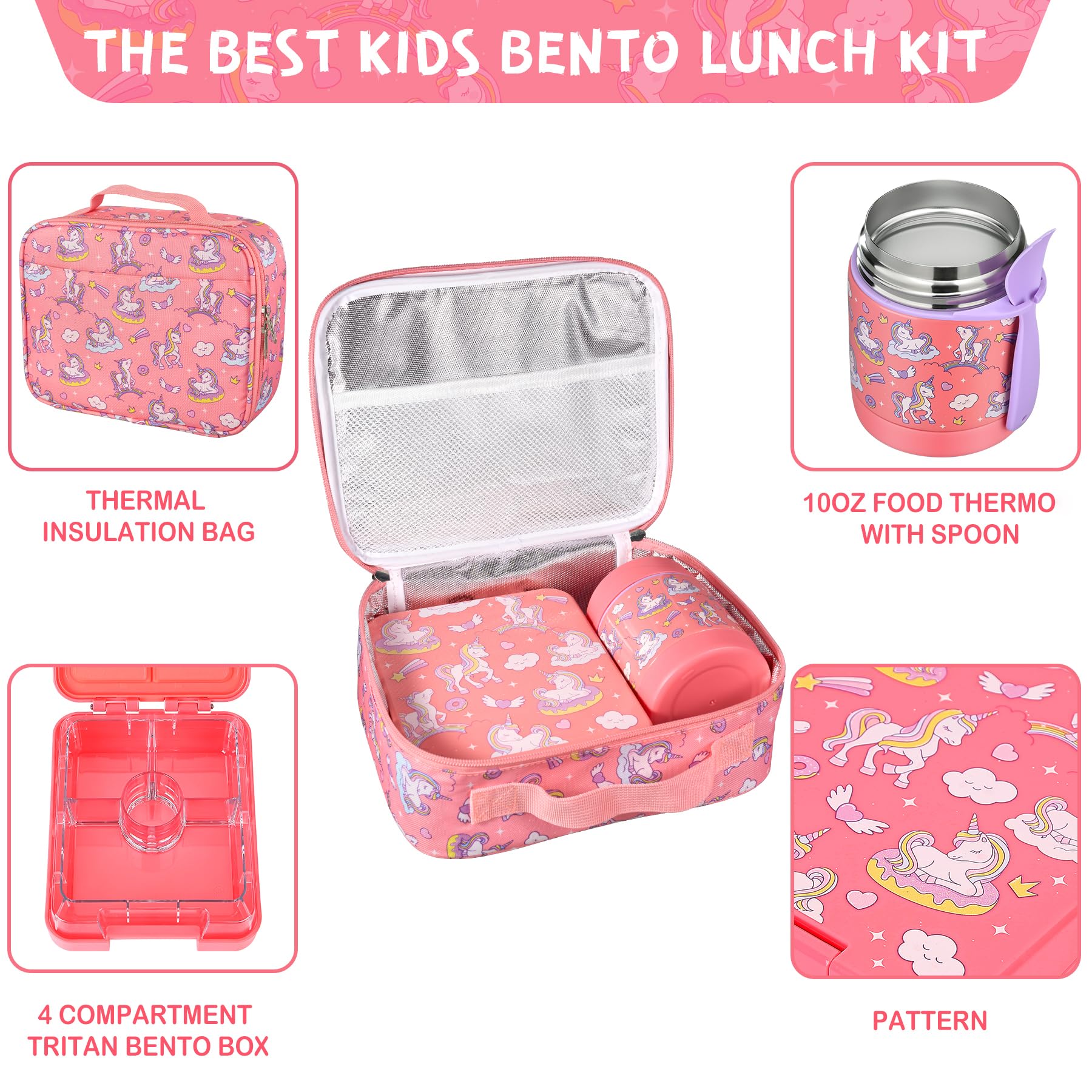 Pawtong Bento Lunch Box Set With 10oz Soup Thermo, Leak-proof Lunch Containers with 4 Compartment, Kids Hot Thermo Food Jar/Insulation Lunch Bag, Food Containers for School