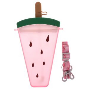 yunqin 320ml plastic water bottles, 4 colors cute watermelon ice cream water bottle with straw, anti-fall portable popsicle shape water cup for girls (pink)