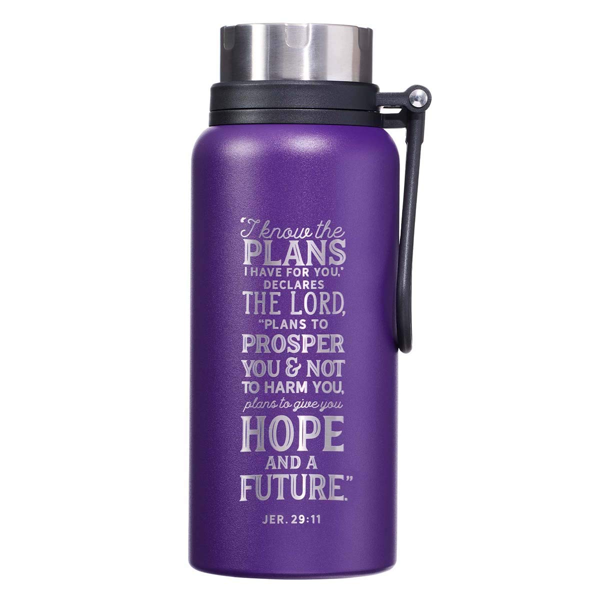 Christian Art Gifts Hope and A Future Jeremiah 29:11 Laser Engraved Purple Stainless Steel Double Wall Vacuum Insulated Water Bottle w/Carry Handle Strap Lid for Women, All Day Hot/Cold, 32 oz.