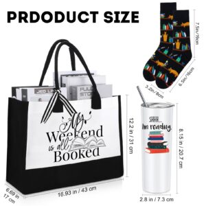 Set of 3 Book Lovers Gifts 20 oz Stainless Steel Insulated Travel Tumbler Library School Canvas Bag Cute Tote Bag Novelty Socks for Women Teacher Students Girls Birthday Book Club Librarians Reader