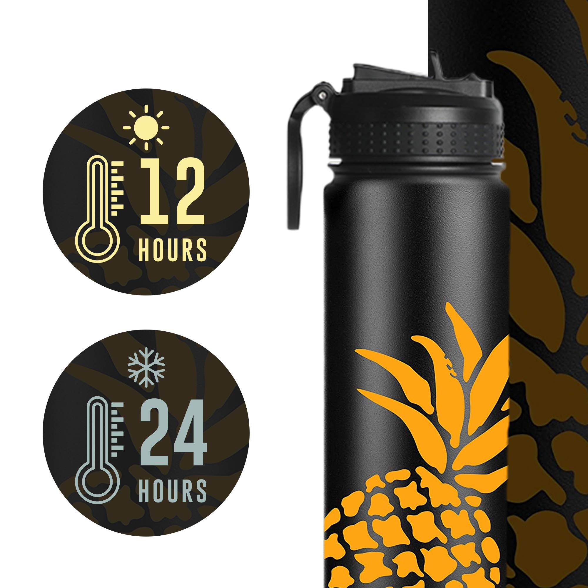 Life's Easy Stainless Steel Insulated Water Bottle - Sports Water Bottle w/Loop Handle Bionic Silicone Straw Lid - Vacuum Flask for Hot & Cold Drinks - Great for School & More (Pineapple Black,18 oz)