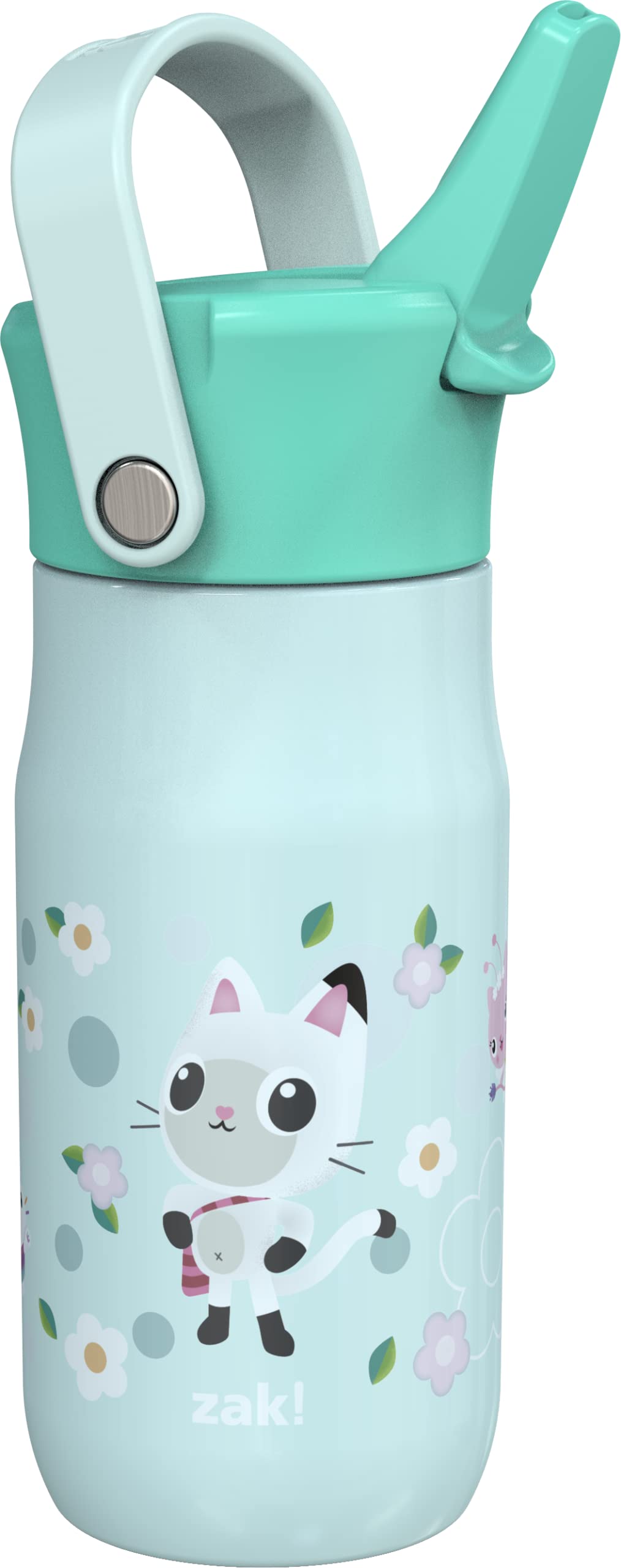 Zak Designs Harmony Gabby's Dollhouse Kid Water Bottle for Travel, 14oz Recycled Stainless Steel, Leak-Proof When Closed and Vacuum Insulated (Pandy Paws, Cakey Cat, Mercat, Kitty Fairy)