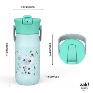 Zak Designs Harmony Gabby's Dollhouse Kid Water Bottle for Travel, 14oz Recycled Stainless Steel, Leak-Proof When Closed and Vacuum Insulated (Pandy Paws, Cakey Cat, Mercat, Kitty Fairy)