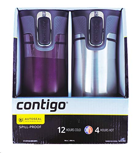 Contigo AUTOSEAL Spill-Proof Stainless Steel VacuumTravel Mug 14oz with Easy-Clean Lid, 2 Pack (Merlot/Stainless Steel)