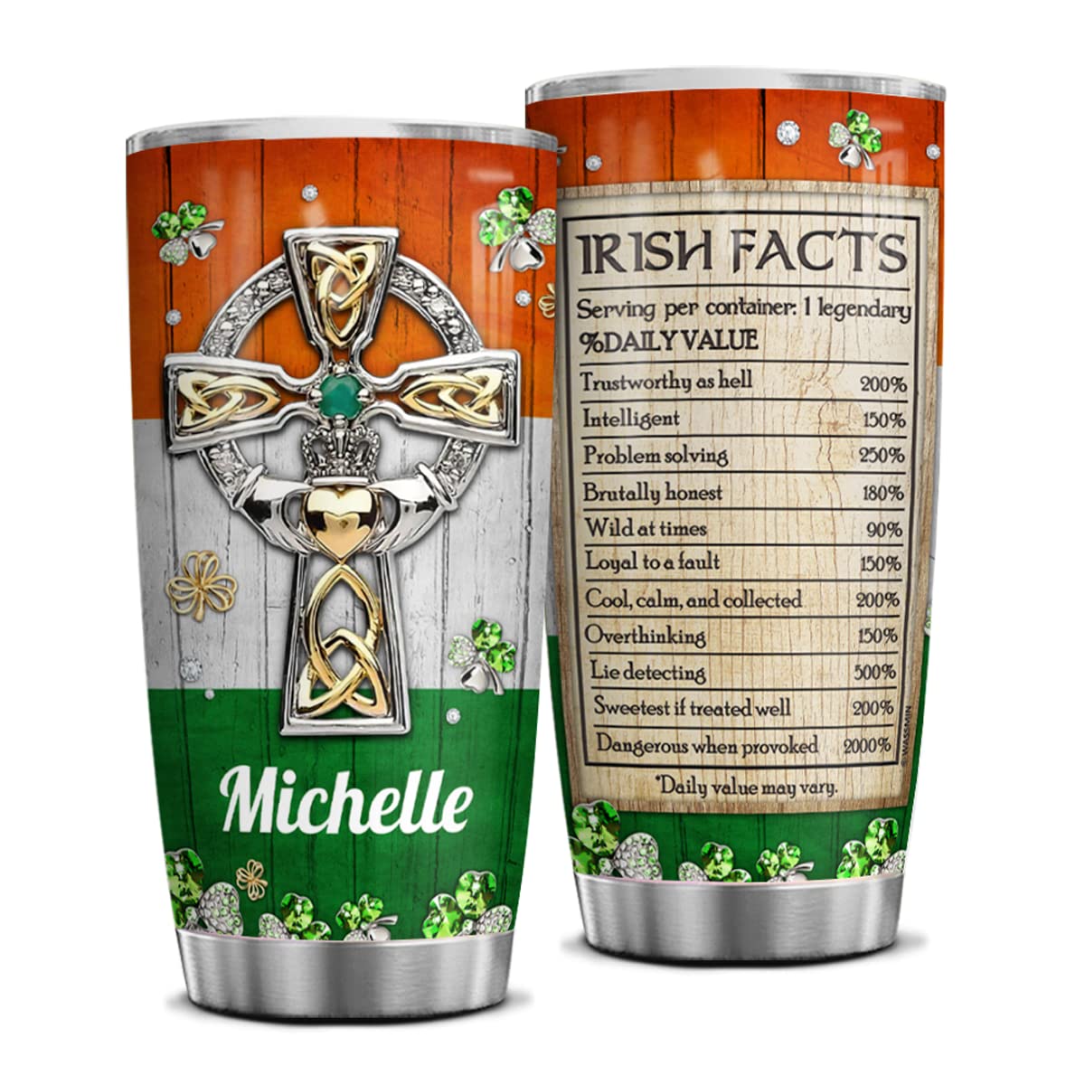 Wassmin Personalized St Patricks Day Tumbler Irish Fact Celtic Cross Jewelry Drawing Stainless Steel Tumbler 20 Oz 30 Oz with Lid Travel Mug Saint Paddy's Day Gifts for Irish Women Men Family Friends