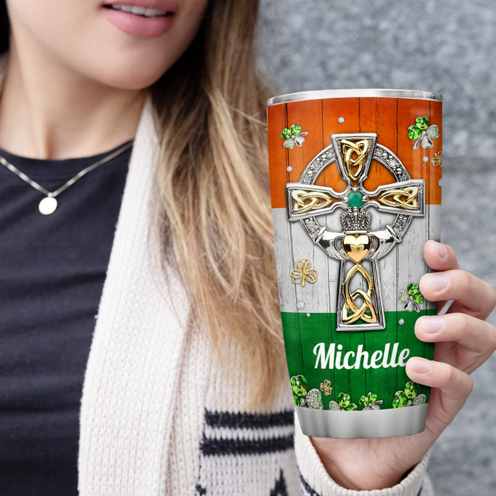 Wassmin Personalized St Patricks Day Tumbler Irish Fact Celtic Cross Jewelry Drawing Stainless Steel Tumbler 20 Oz 30 Oz with Lid Travel Mug Saint Paddy's Day Gifts for Irish Women Men Family Friends