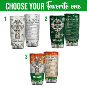 Wassmin Personalized St Patricks Day Tumbler Irish Fact Celtic Cross Jewelry Drawing Stainless Steel Tumbler 20 Oz 30 Oz with Lid Travel Mug Saint Paddy's Day Gifts for Irish Women Men Family Friends