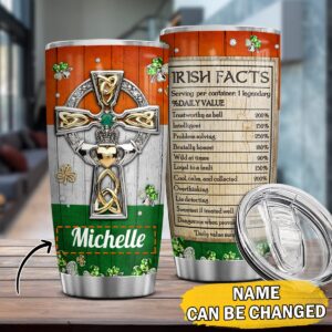 Wassmin Personalized St Patricks Day Tumbler Irish Fact Celtic Cross Jewelry Drawing Stainless Steel Tumbler 20 Oz 30 Oz with Lid Travel Mug Saint Paddy's Day Gifts for Irish Women Men Family Friends