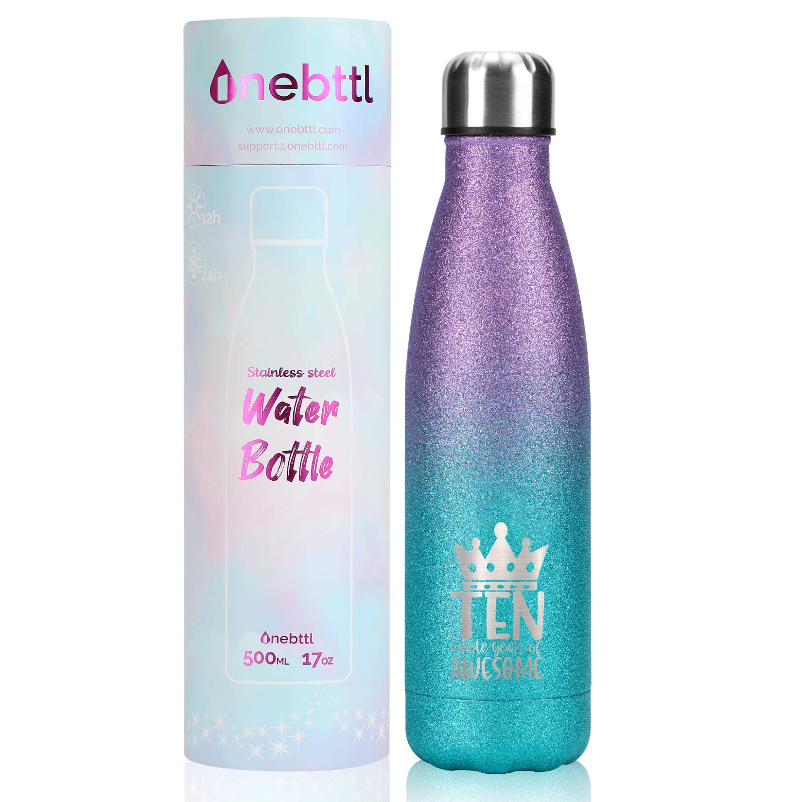 Birthday Gifts for 10 Year Old Girls - Glitter Water Bottle for Kids Children Daughter Granddaughter - 17oz/500ml Stainless Steel Insulated Water Bottle - Best Gift for 10th Birthday, Onebttl