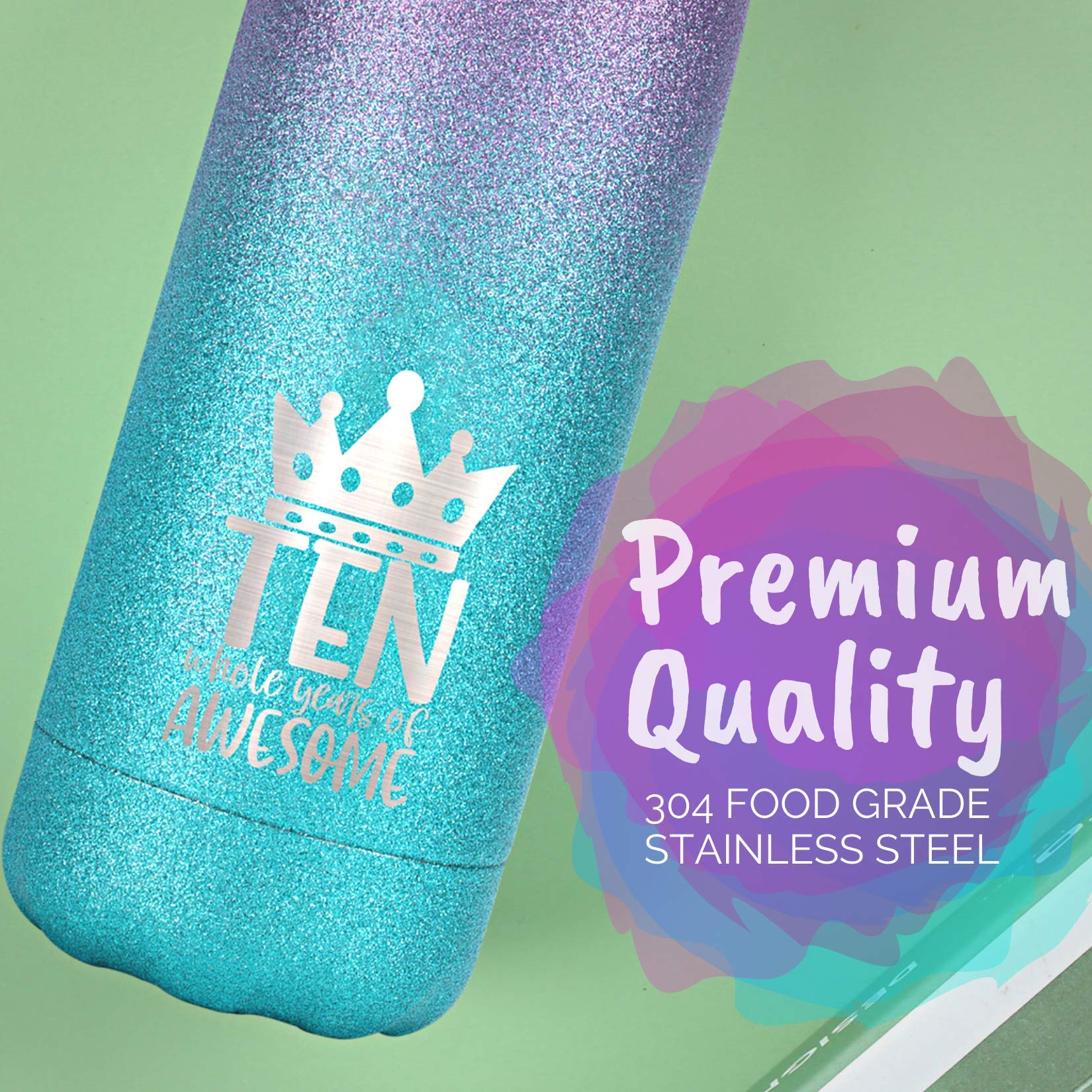 Birthday Gifts for 10 Year Old Girls - Glitter Water Bottle for Kids Children Daughter Granddaughter - 17oz/500ml Stainless Steel Insulated Water Bottle - Best Gift for 10th Birthday, Onebttl