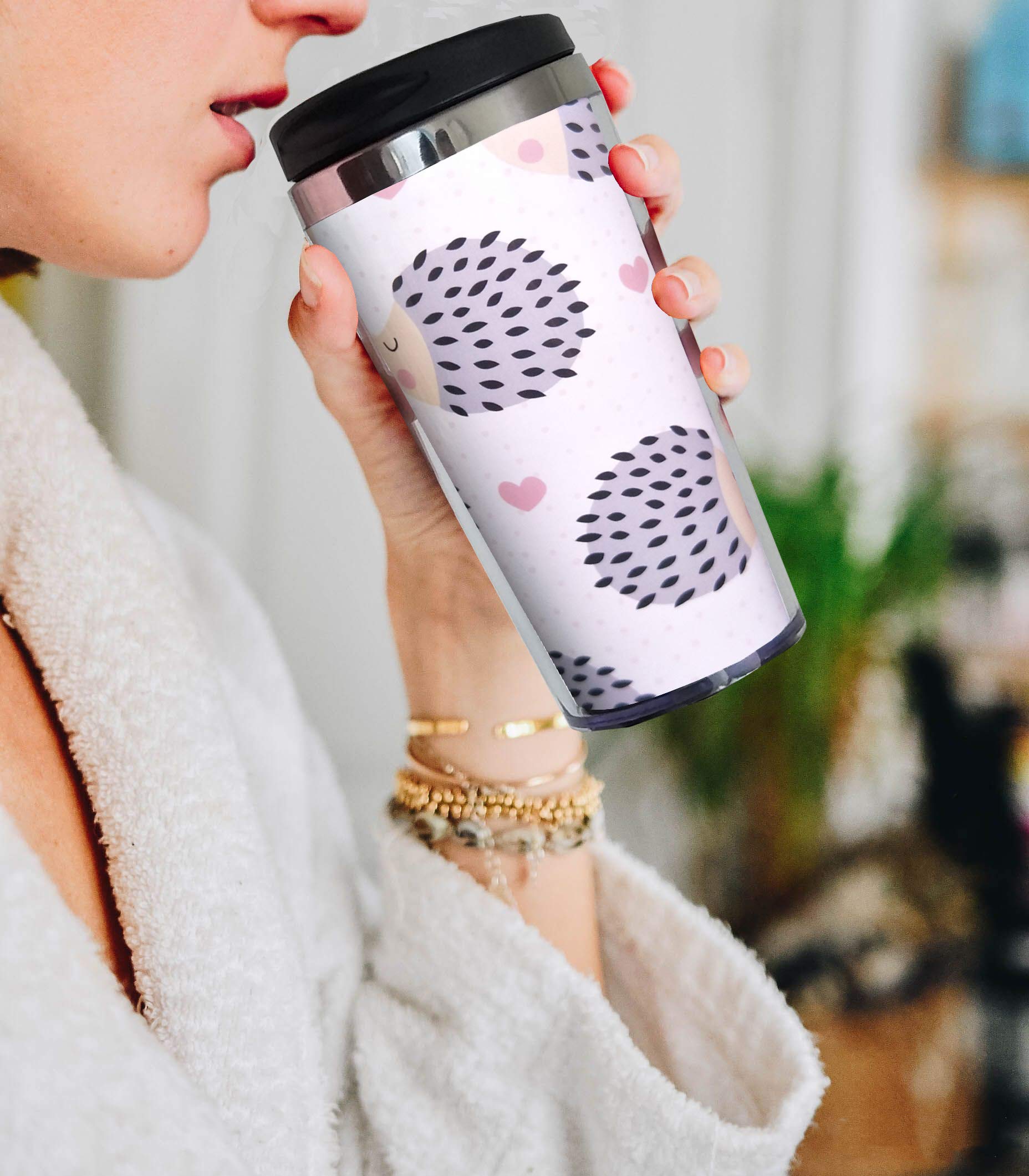 CUAJH Cute Hedgehog Heart Travel Coffee Mug for Women Men Thermal Tumbler with Wrap, Lid and Stainless Steel Interior 14 OZ