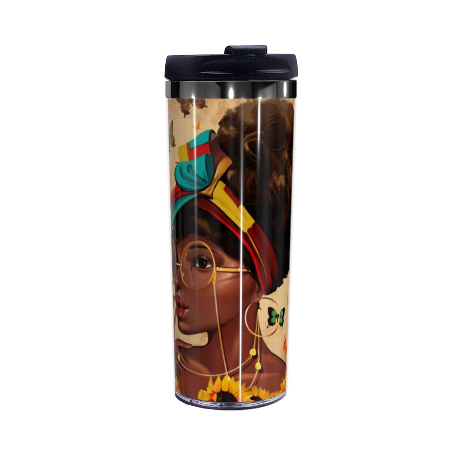 Funny Travel Mugs For Women Men Cute African American Afro Woman Coffee Mug,Stainless Steel Mug For Birthday Friends Gifts 12 Oz