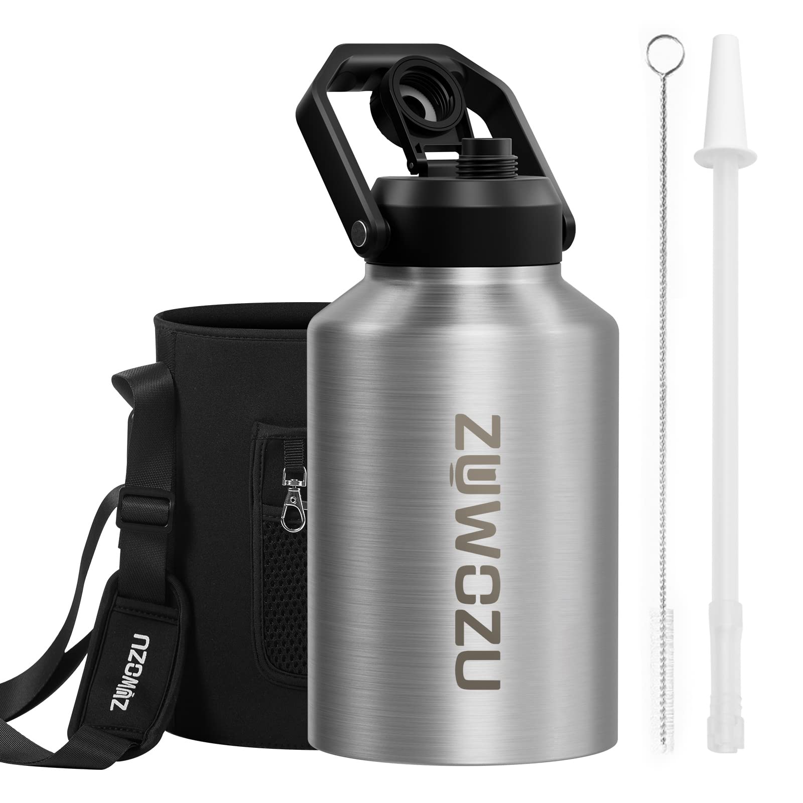 ZUWOZU 1 Gallon Water Bottle Insulated with Straw&Handle, 128 oz Water Jug with Carry Pouch, Double Walled Vaccum Stainless Steel, Wide Mouth, Leak Proof, Large Water Bottles for Sports