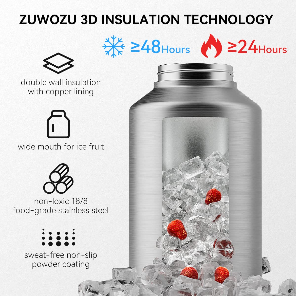 ZUWOZU 1 Gallon Water Bottle Insulated with Straw&Handle, 128 oz Water Jug with Carry Pouch, Double Walled Vaccum Stainless Steel, Wide Mouth, Leak Proof, Large Water Bottles for Sports