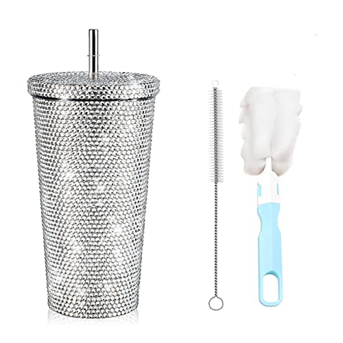 Xigugo Bling Water Bottle,Bling Cup -16.9oz Stainless Steel Rhinestone Cup with Lid and Straw,Handmade Decorations Individually Diamond Glitter Gift for Women Mom Girlfreind (silver)