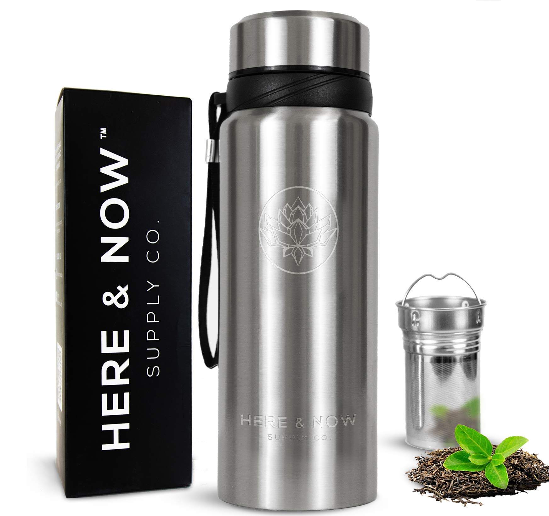 Here & Now Supply Co. 25 oz Multi-Purpose Travel Mug and Tumbler | Tea Infuser Water Bottle | Fruit Infused Flask | Hot & Cold Double Wall Stainless Steel Coffee Thermos (Cosmic Silver)