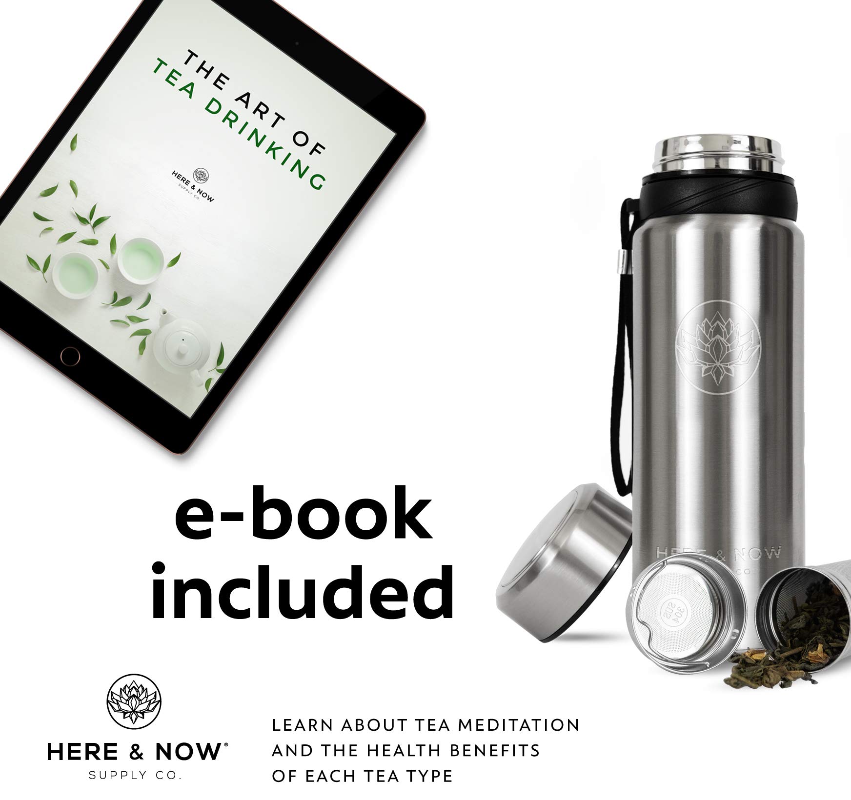 Here & Now Supply Co. 25 oz Multi-Purpose Travel Mug and Tumbler | Tea Infuser Water Bottle | Fruit Infused Flask | Hot & Cold Double Wall Stainless Steel Coffee Thermos (Cosmic Silver)