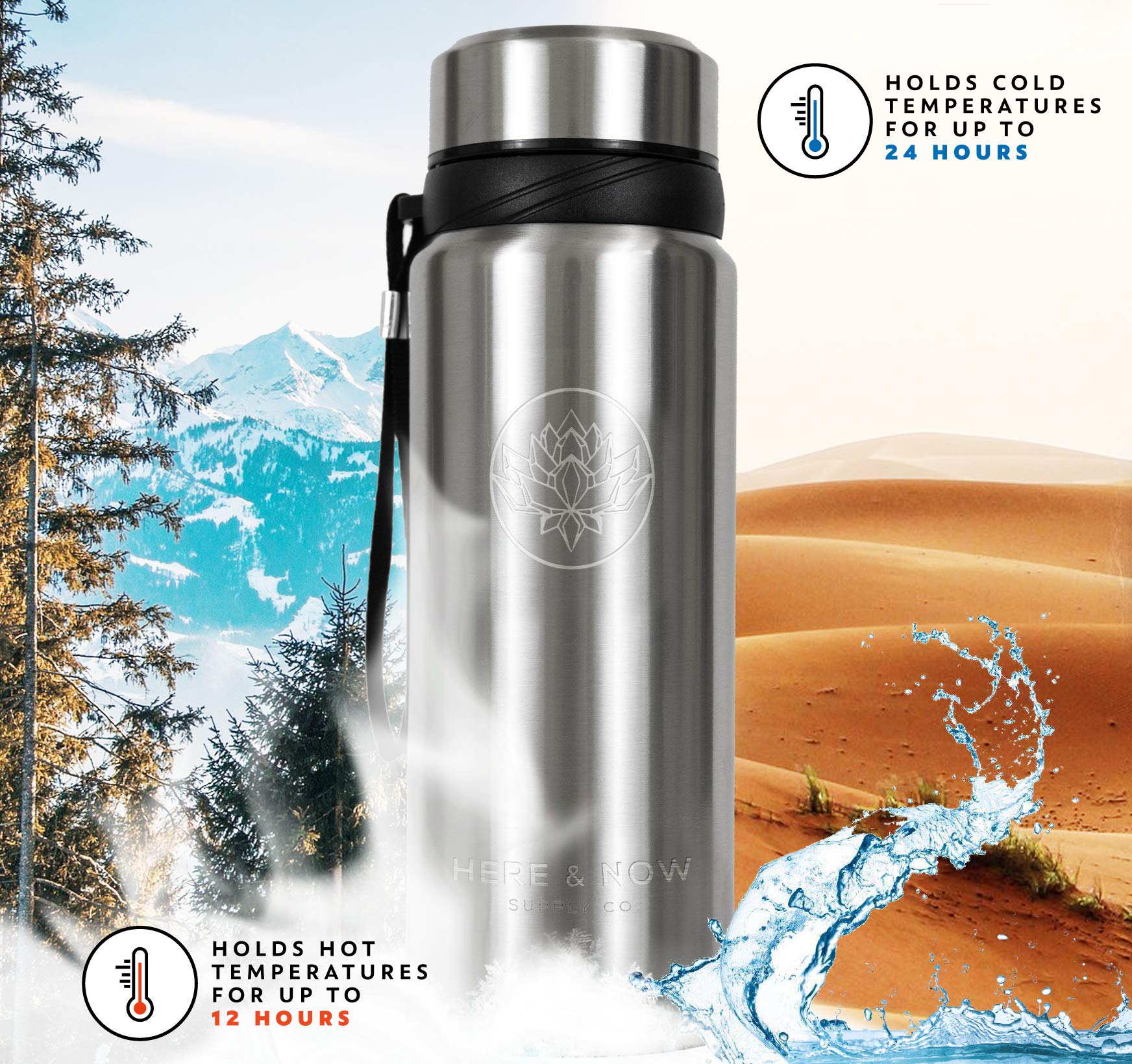 Here & Now Supply Co. 25 oz Multi-Purpose Travel Mug and Tumbler | Tea Infuser Water Bottle | Fruit Infused Flask | Hot & Cold Double Wall Stainless Steel Coffee Thermos (Cosmic Silver)