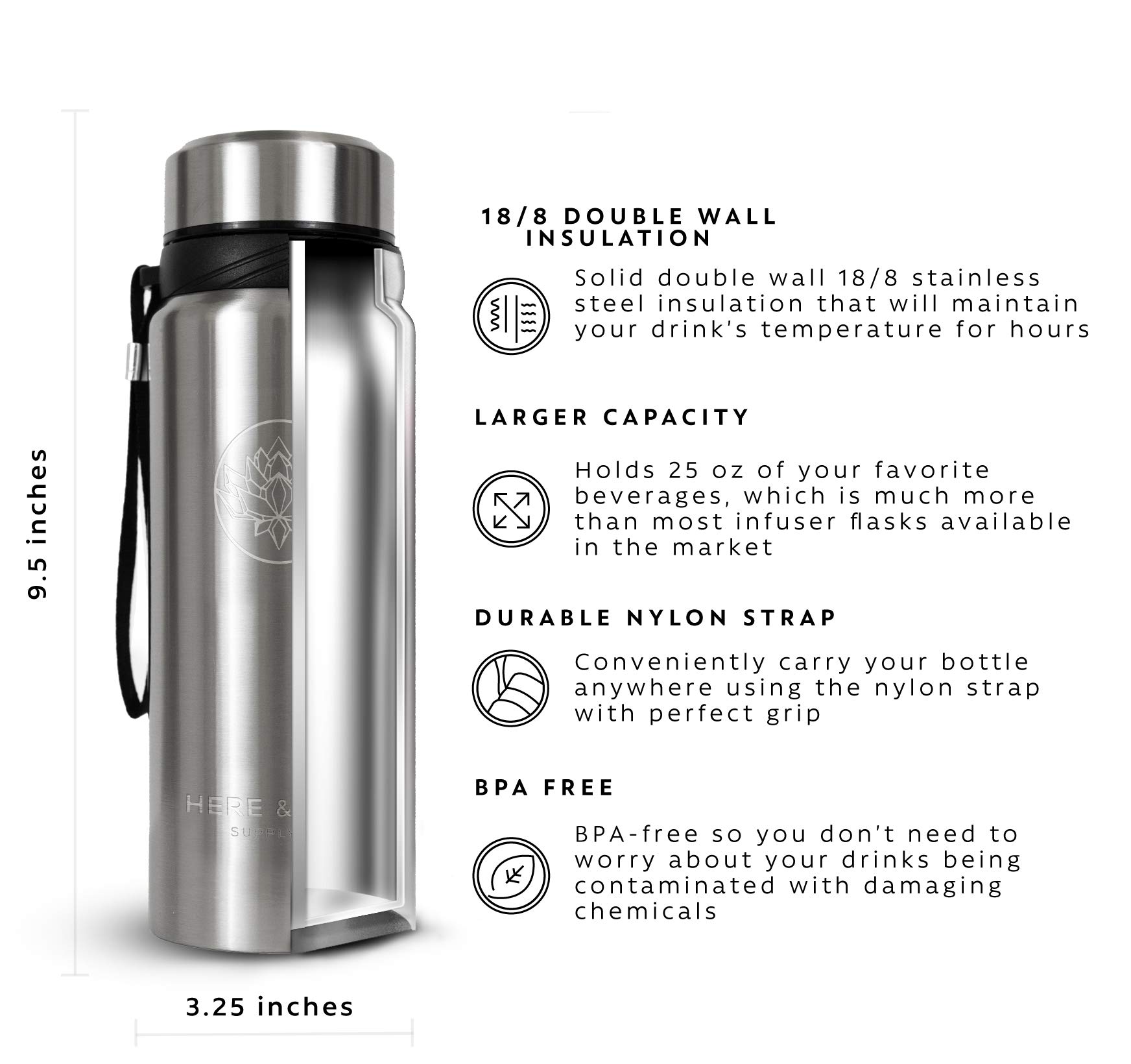 Here & Now Supply Co. 25 oz Multi-Purpose Travel Mug and Tumbler | Tea Infuser Water Bottle | Fruit Infused Flask | Hot & Cold Double Wall Stainless Steel Coffee Thermos (Cosmic Silver)