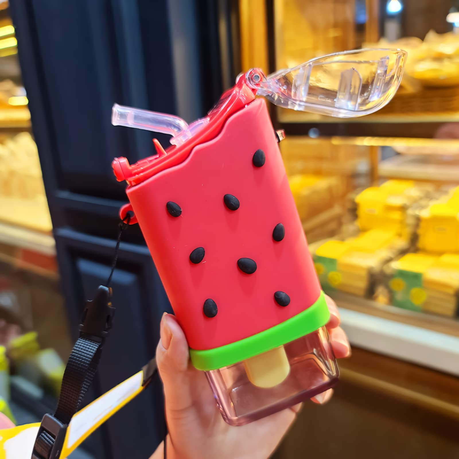 Lipitaley Cute Water Bottle for Kids, Unique Ice Cream Shape water cup, Kawaii Popsicle Shaped Plastic Kettle with Straw, Adjustable Shoulder Strap, BPA free, Leakproof, 8oz, Watermelon