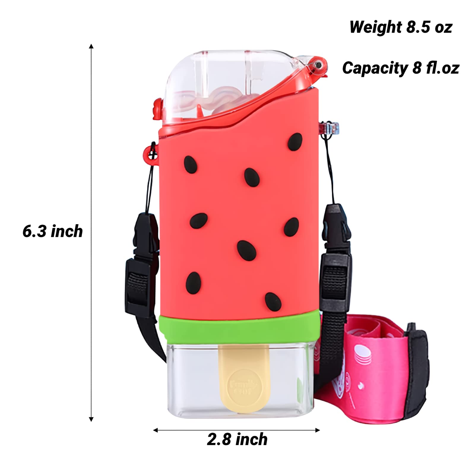 Lipitaley Cute Water Bottle for Kids, Unique Ice Cream Shape water cup, Kawaii Popsicle Shaped Plastic Kettle with Straw, Adjustable Shoulder Strap, BPA free, Leakproof, 8oz, Watermelon