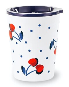 kate spade new york small insulated coffee cup with lid, double walled stainless steel mug, 12oz coffee tumbler, vintage cherry dot