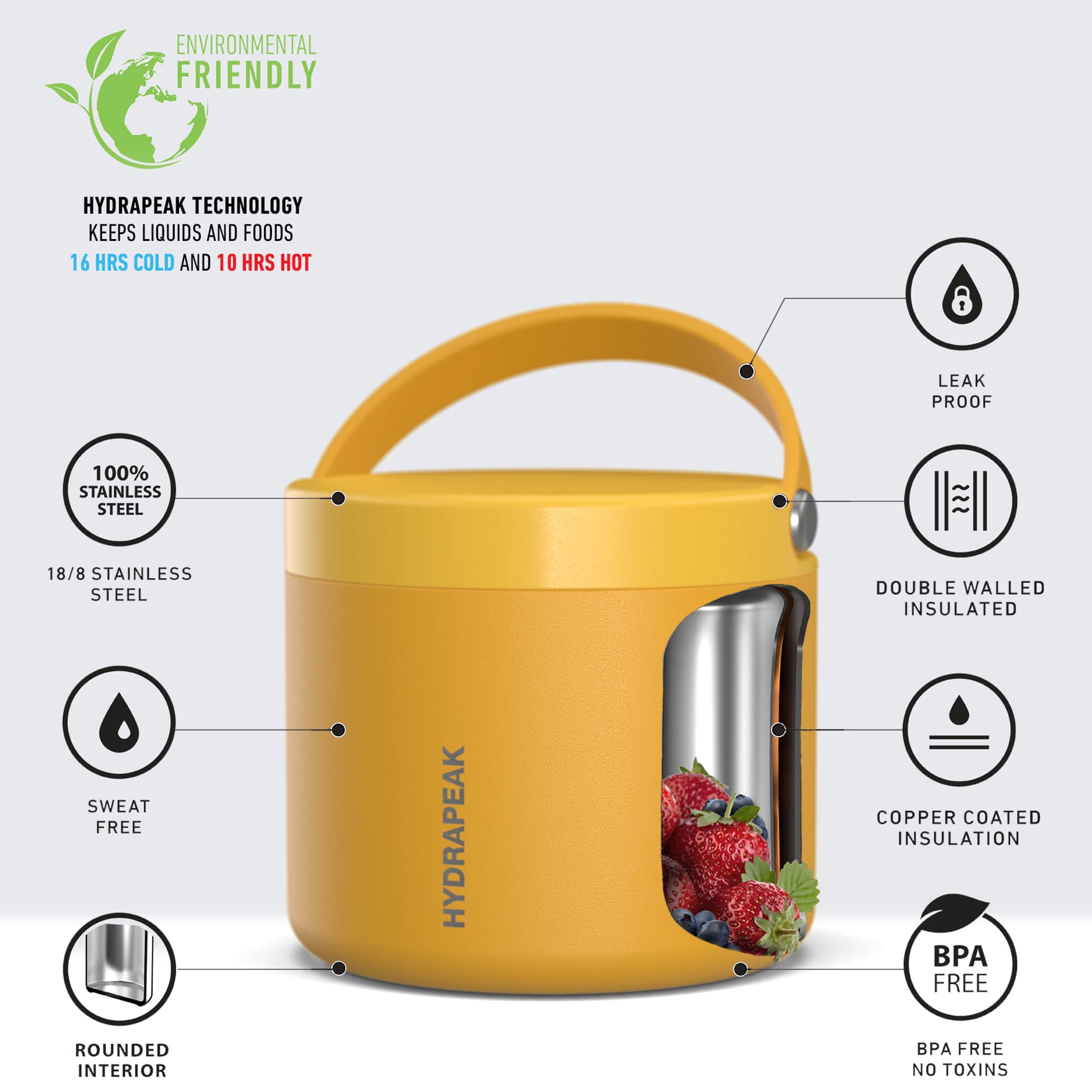 Hydrapeak 18oz Stainless Steel Vacuum Insulated Thermos Food Jar | Kids Thermos for Hot Food and Cold Food, Wide Mouth Leak-Proof Soup Thermos for Adults, 10 Hours Hot and 16 Hours Cold (Mango)