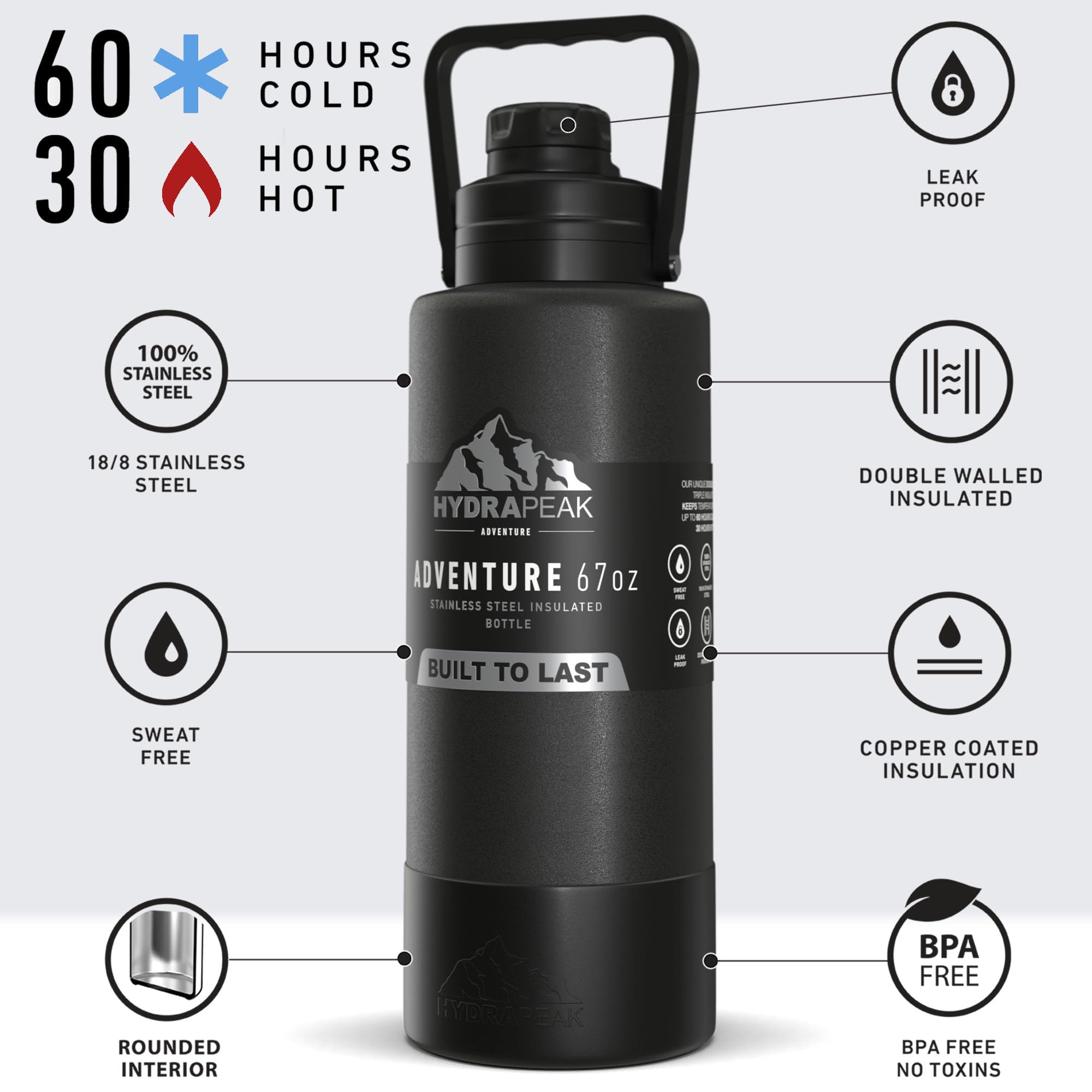 Hydrapeak Adventure 67oz Insulated Water Bottle with Handle, Large Stainless Steel Thermos with Matching Rubber Boot, Double Wall Insulation Keeps Drinks Cold for 60 Hrs and Hot for 30 Hrs (Black)