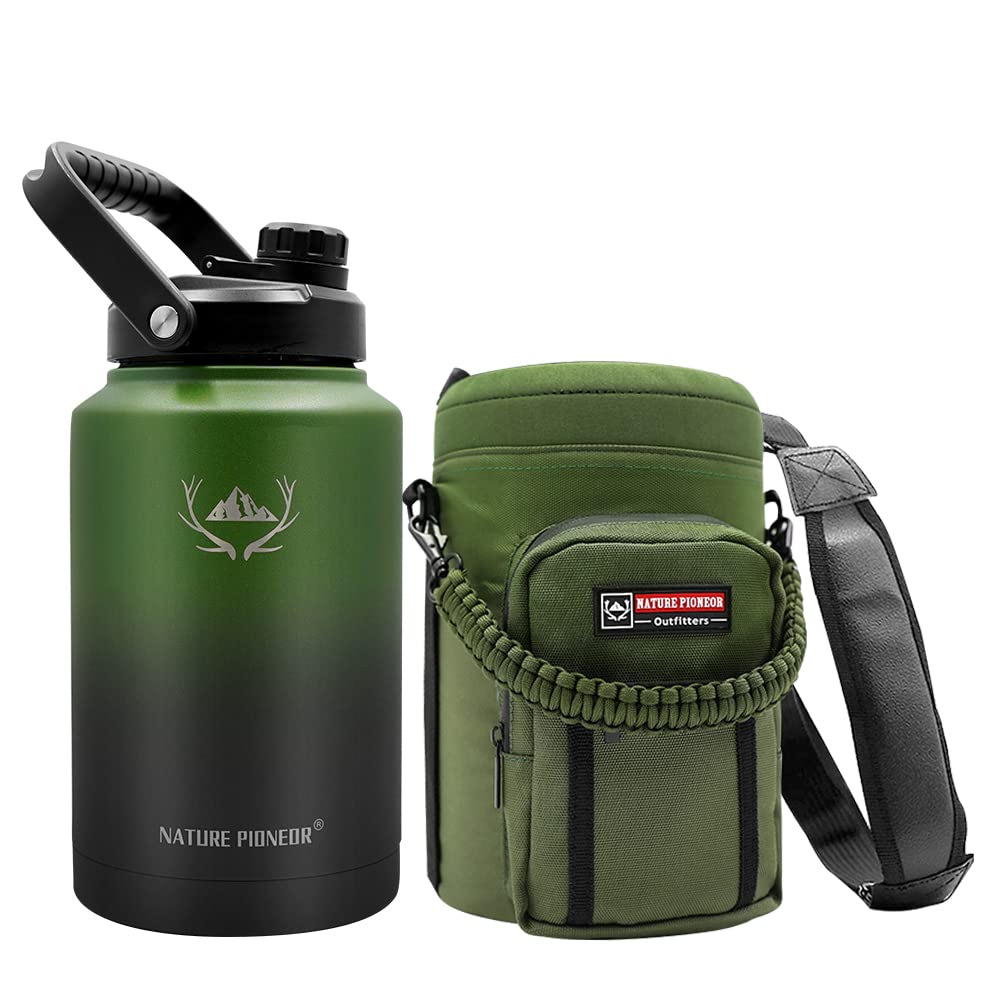 NATURE PIONEOR 64/128OZ Vacuum Insulated Water Bottle Set with Carrying Holder, 18/8 Food Grade Stainless Steel One Gallon Jug, Beer Growler with Carrier Pouch for Outdoor Camping