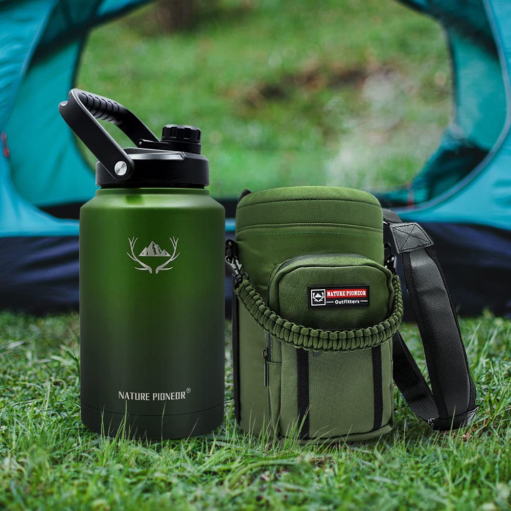 NATURE PIONEOR 64/128OZ Vacuum Insulated Water Bottle Set with Carrying Holder, 18/8 Food Grade Stainless Steel One Gallon Jug, Beer Growler with Carrier Pouch for Outdoor Camping