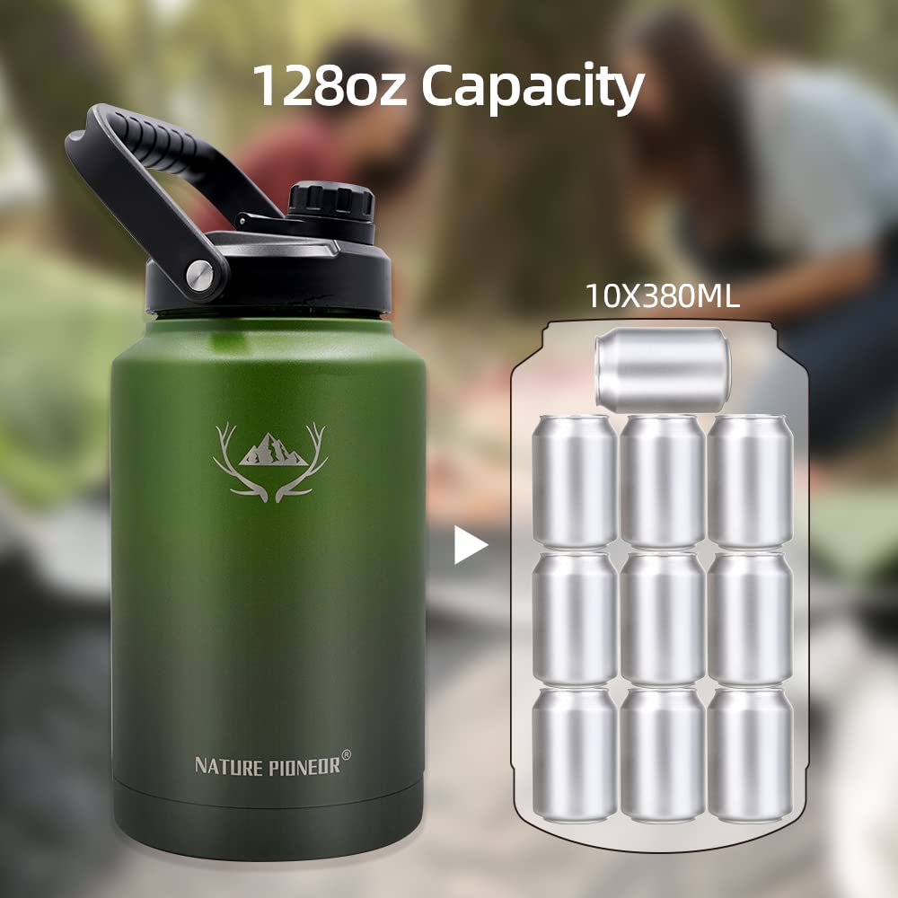 NATURE PIONEOR 64/128OZ Vacuum Insulated Water Bottle Set with Carrying Holder, 18/8 Food Grade Stainless Steel One Gallon Jug, Beer Growler with Carrier Pouch for Outdoor Camping