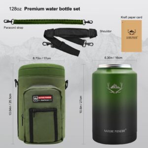 NATURE PIONEOR 64/128OZ Vacuum Insulated Water Bottle Set with Carrying Holder, 18/8 Food Grade Stainless Steel One Gallon Jug, Beer Growler with Carrier Pouch for Outdoor Camping