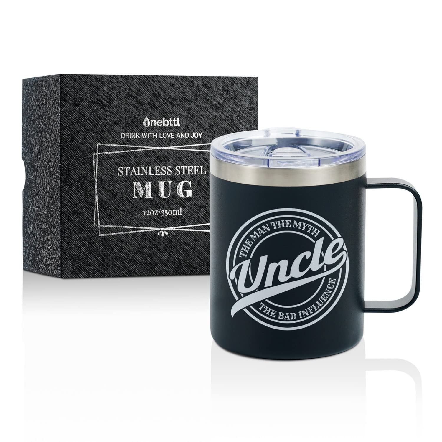 Onebttl Uncle Gifts Coffee Mug, Presents from Niece Nephew for Birthday Christmas, Travel Mug with Lid, Stainless Steel 12oz/350ml - The Man The Myth The Bad Influence