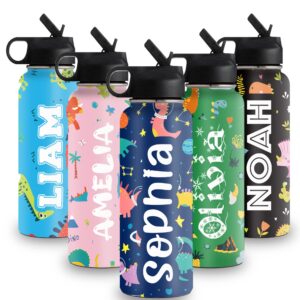 funstudio personalized dinosaur water bottles for boys, 18 oz custom name insulated dino water bottle with straw, stainless steel reusable waterbottle gifts for kids school girls men women - dinosaur